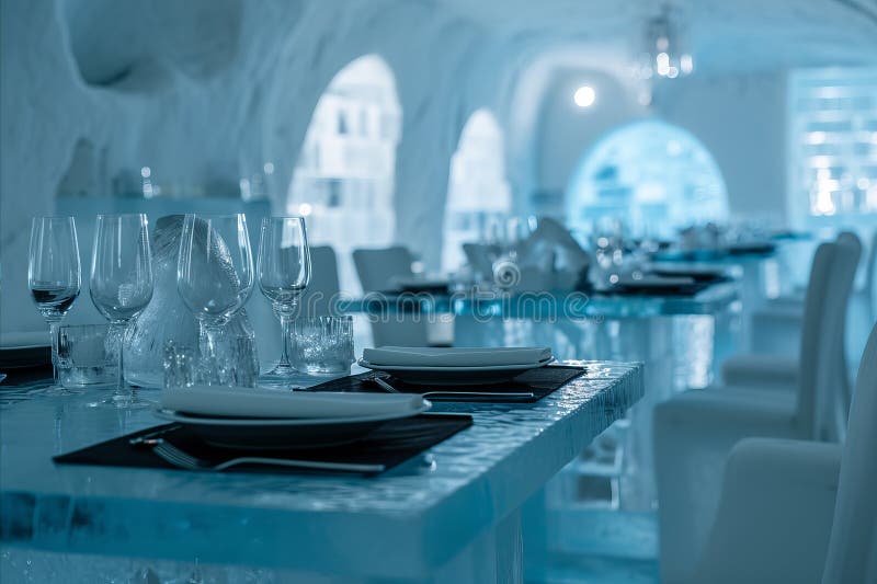 Ice Hotel Ice Restaurant Ambiance with Transparent Dining Sets and ...
