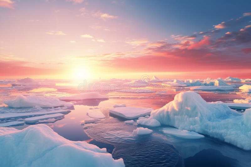 Ice and Icebergs Melting because of the Global Warm, Sun Light, Golden ...