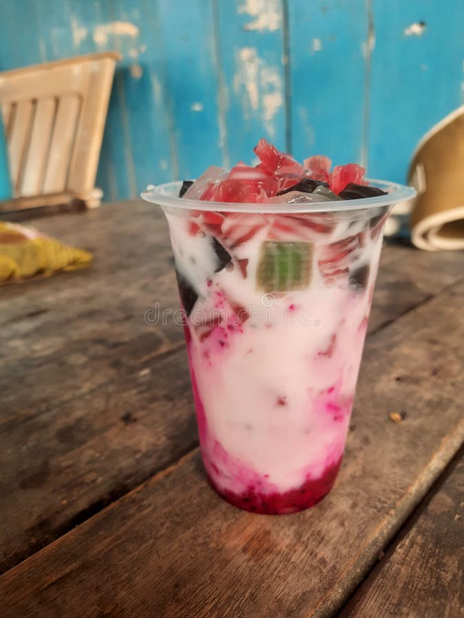 Ice Jelly with Dragon Fruit and Drizzled with Milk Sauce is Called Es ...