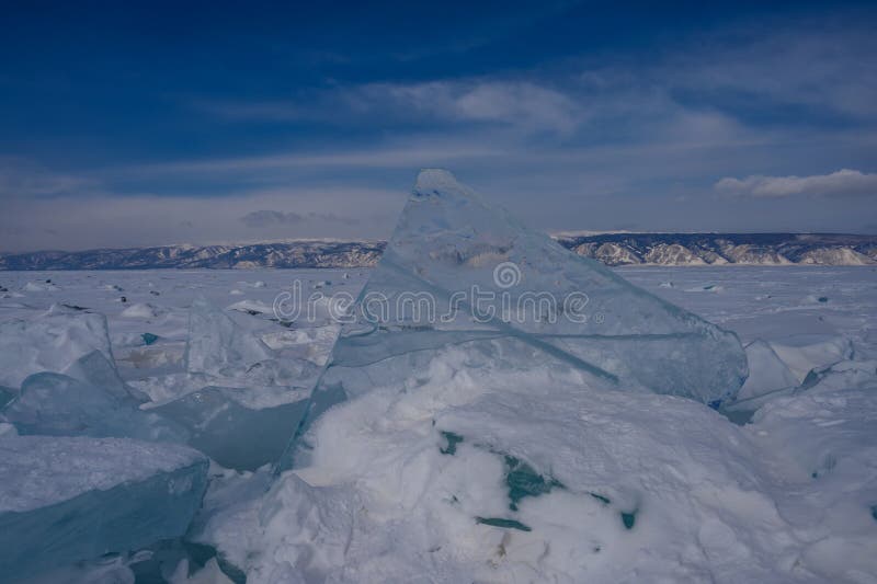 On the Ice of Lake Baikal. Beautiful Pieces of Ice. Ice Hummock on the ...