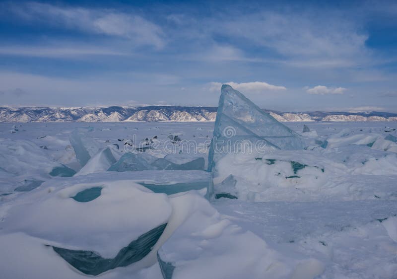 On the Ice of Lake Baikal. Beautiful Pieces of Ice. Ice Hummock on the ...