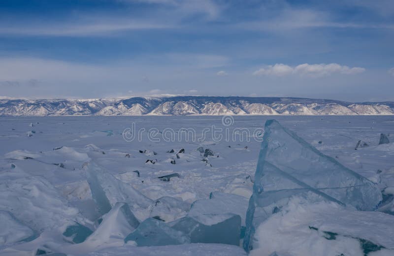 On the Ice of Lake Baikal. Beautiful Pieces of Ice. Ice Hummock on the ...