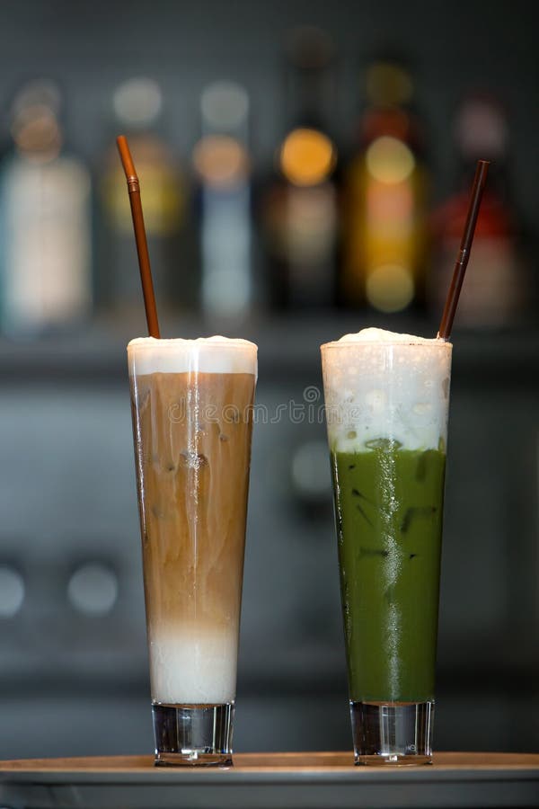 Ice Latte Coffee and Ice Green Tea Stock Image - Image of iced, dark ...
