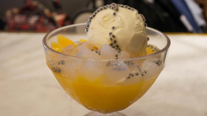 Ice Mango Nata De Coco Ice Cream Dessert with Chia Seed Toppings Stock ...