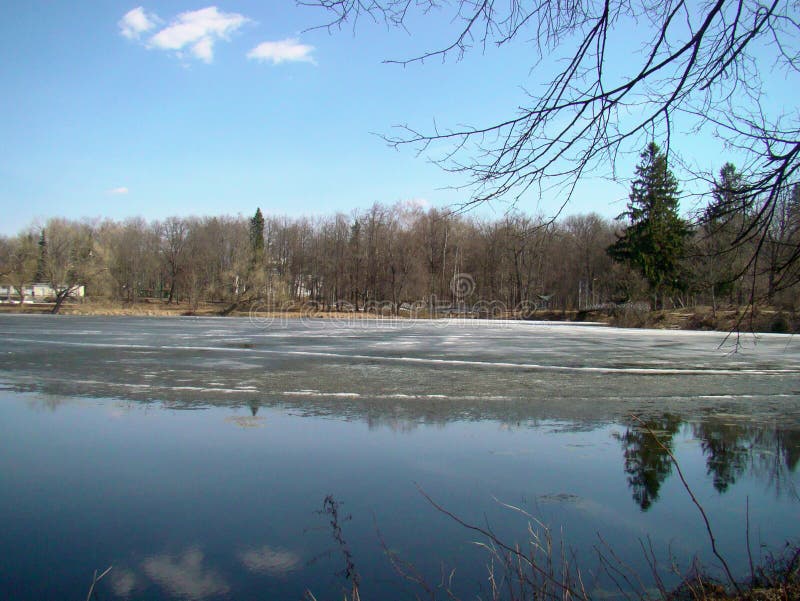 Spring Park View with Water Stock Image - Image of pond, snowbreak ...