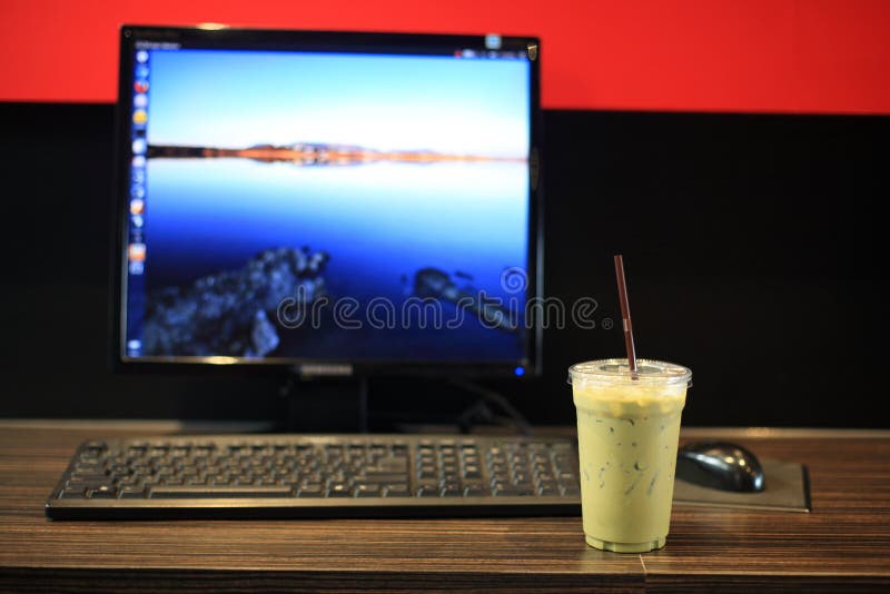 Ice Milk Green Tea with Desktop Computer Stock Photo - Image of ...