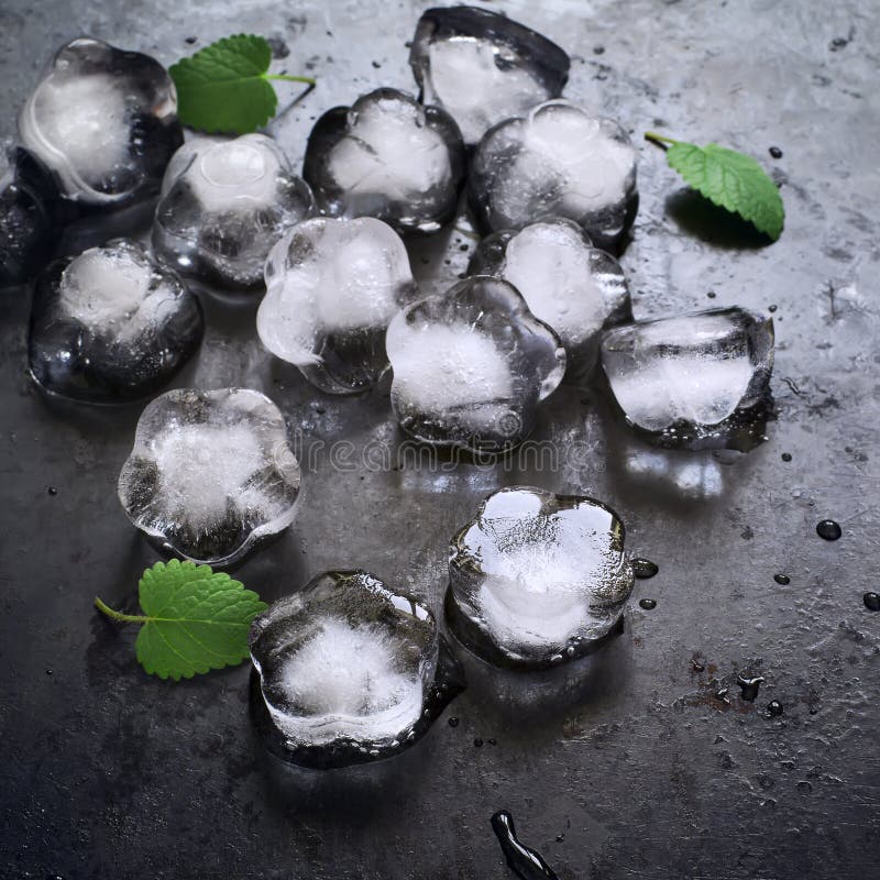 Ice and Mint Leaves on a Black Background Stock Photo - Image of light ...