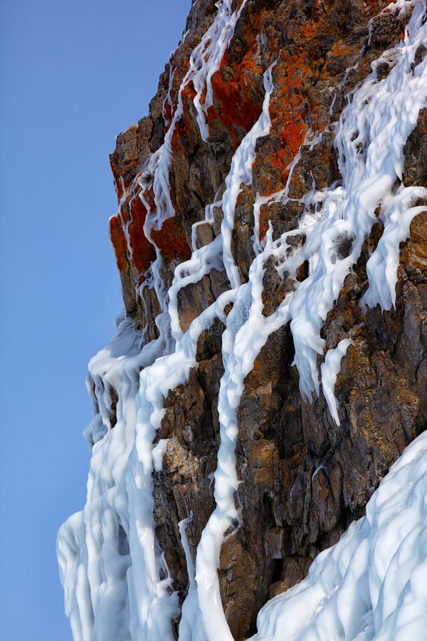 Ice Over Rocks Wall on Baikal Lake at Winter Stock Photo - Image of ...