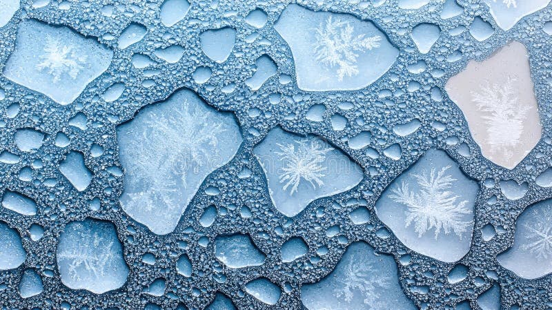 Ice Patterns on Glass Surface with Frosted Designs and Bubbles in a ...