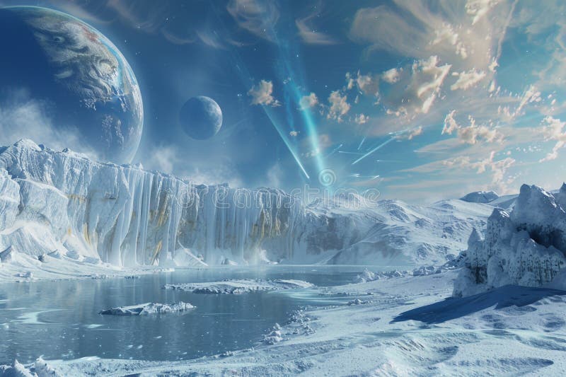 An Ice Planet with Geysers Shooting into Space Stock Illustration ...