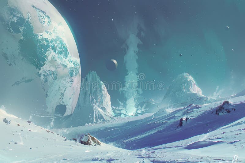 An Ice Planet with Geysers Shooting into Space Stock Illustration ...