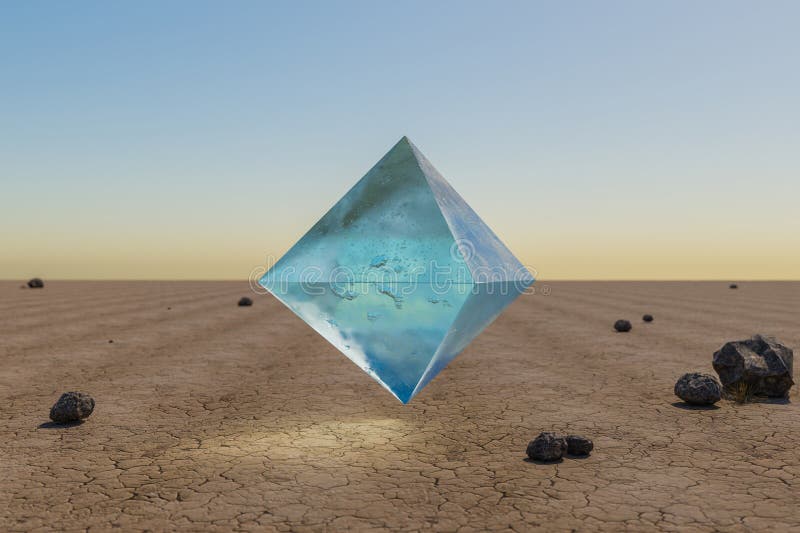 Single Ice Prism Pyramid Cube Hovering in the Air in Large Empty Desert ...