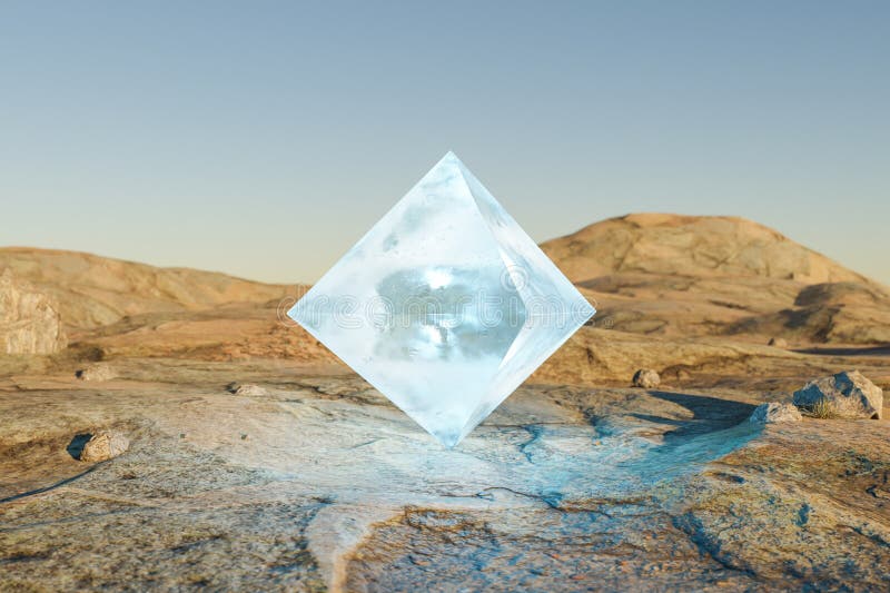 Single Ice Prism Pyramid Cube Hovering in the Air in Large Empty Desert ...