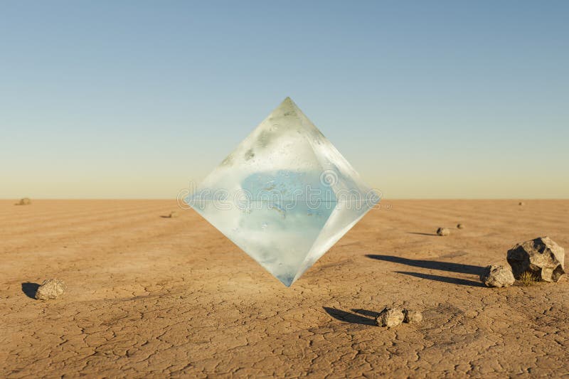 Single Ice Prism Pyramid Cube Hovering in the Air in Large Empty Desert ...
