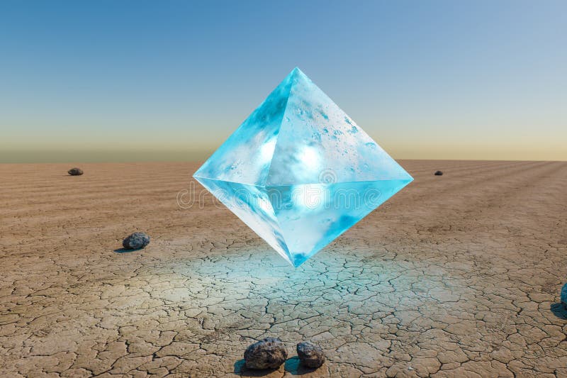 Single Ice Prism Pyramid Cube Hovering in the Air in Large Empty Desert ...