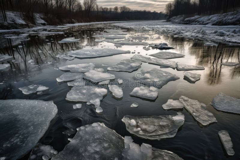 The Ice on a River Cracking and Breaking Apart from the Movement of the ...