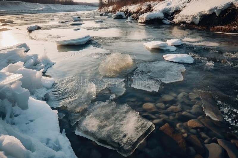 The Ice on a River Cracking and Breaking Apart from the Movement of the ...