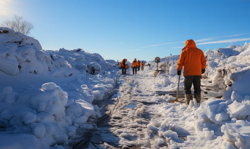 Ice Road Construction Crew Walking through Snow Stock Photo - Image of ...