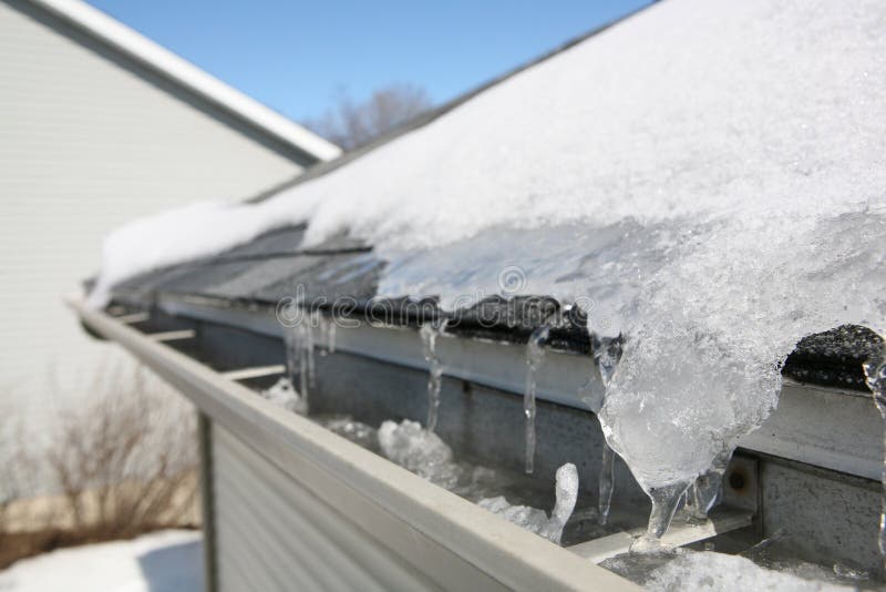 Ice Dams and Snow on Roof and Gutters Stock Image - Image of residence ...