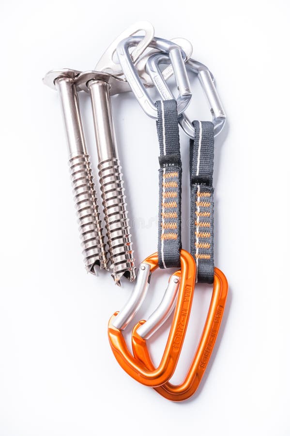 Ice Screws and Quickdraw on a White Background. Equipment Ice Cl Stock ...