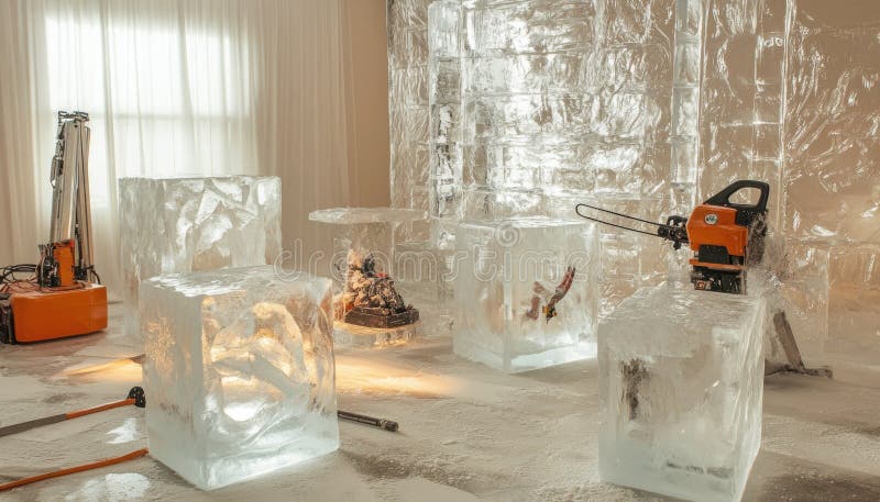 Ice Sculptor Working on Large Ice Cube with Chainsaw in Workshop Stock ...