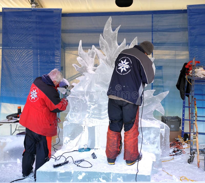 Ice sculptors at work editorial stock image. Image of snow - 23230669