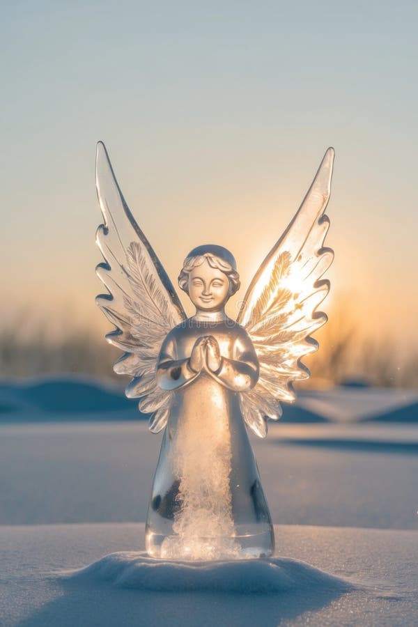 Ice Sculpture of an Angel Glowing in the Light of the Setting Sun ...