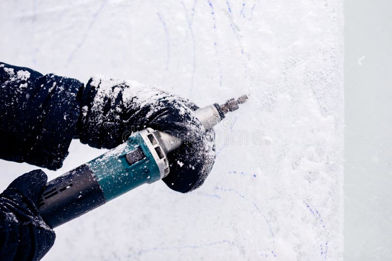 Ice Sculpture Carving Man Use Chainsaw Cut Frozen Winter Stock Image ...