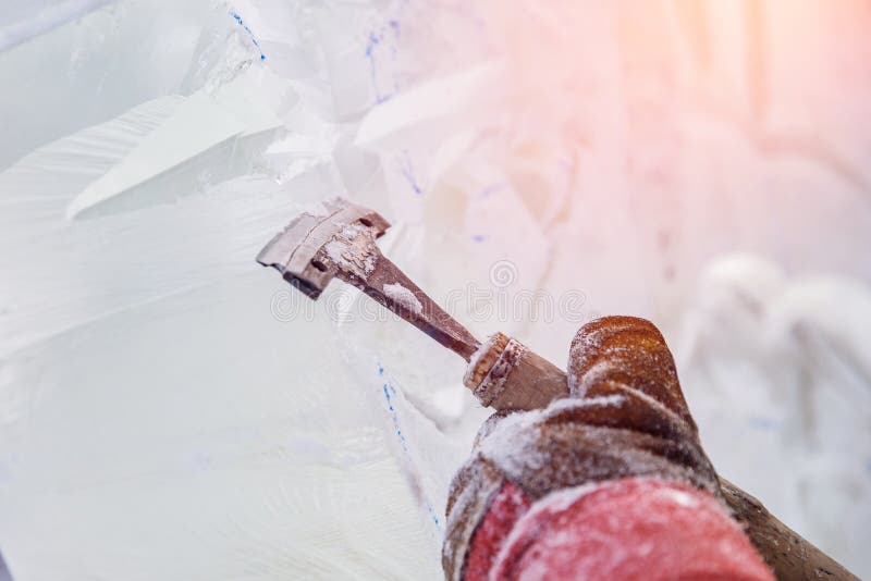 Ice Sculpture Carving Man Use Chisel Cut Frozen Winter Stock Photo ...