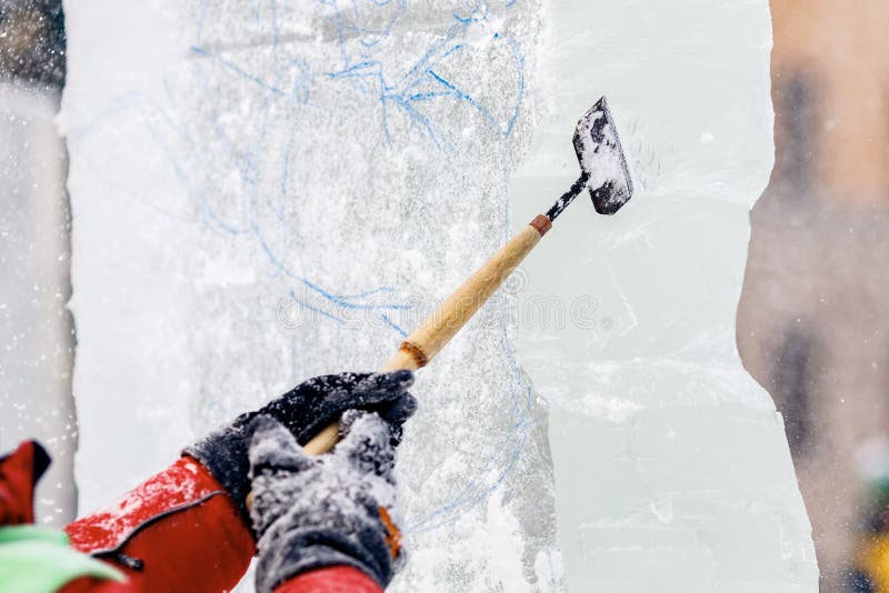 Ice Sculpture Carving Man Use Chisel Cut Frozen Winter Stock Image ...