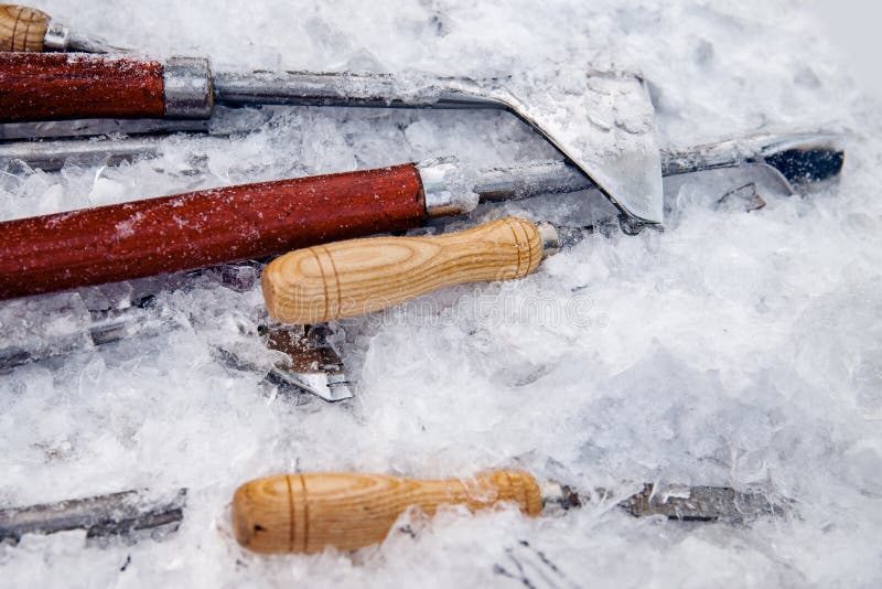 Ice Sculpture Carving Man Use Chisel Cut Frozen Winter Stock Image ...
