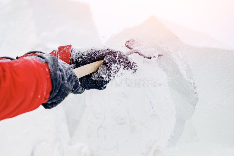 Ice Sculpture Carving Man Use Chisel Cut Frozen Winter Stock Photo ...