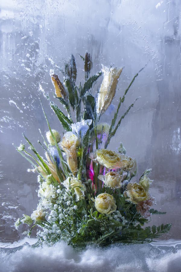 Ice Sculpture of Flowers in a Frozen Block of Ice Stock Photo - Image ...