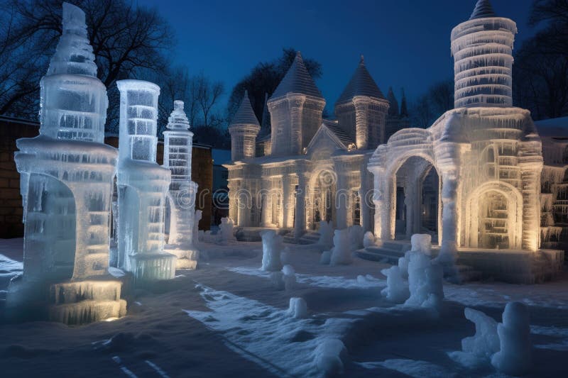 Ice Sculptures Adorning Moonlit Castle Courtyard Stock Photo - Image of ...