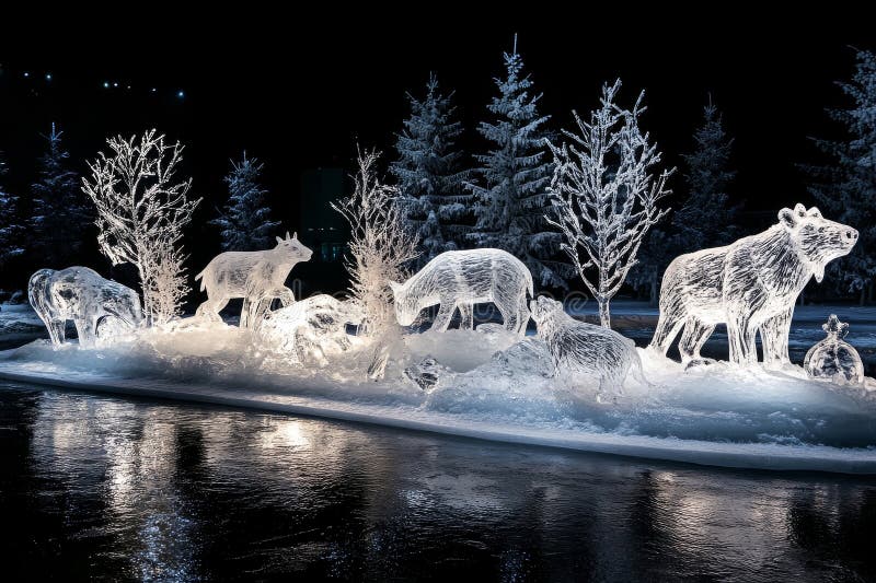 Ice Sculptures of Animals in Night Winter Park Stock Illustration ...