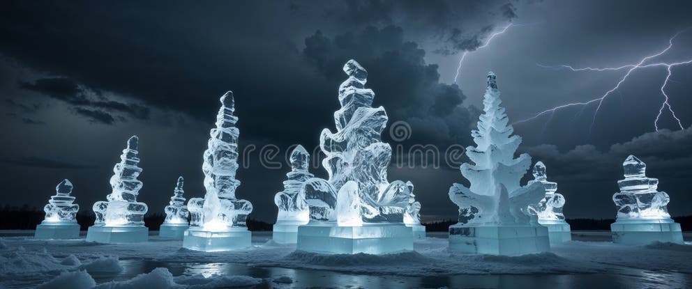 Ice Sculptures Illuminated during Thunderstorm Stock Photo - Image of ...