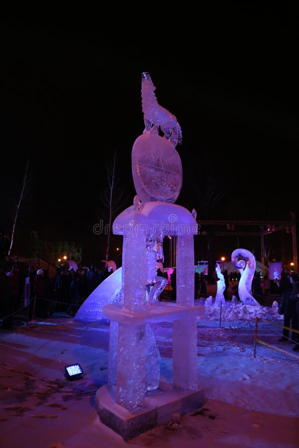 Ice Sculptures Winter Night Editorial Photography - Image of scene ...