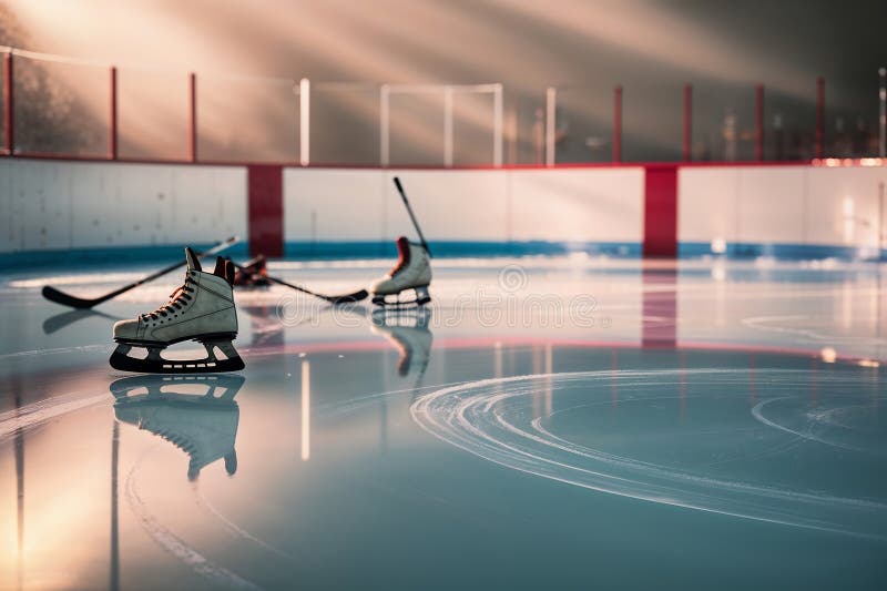 Ice Skates and Hockey Sticks on a Smooth Rink with Dramatic Lighting ...