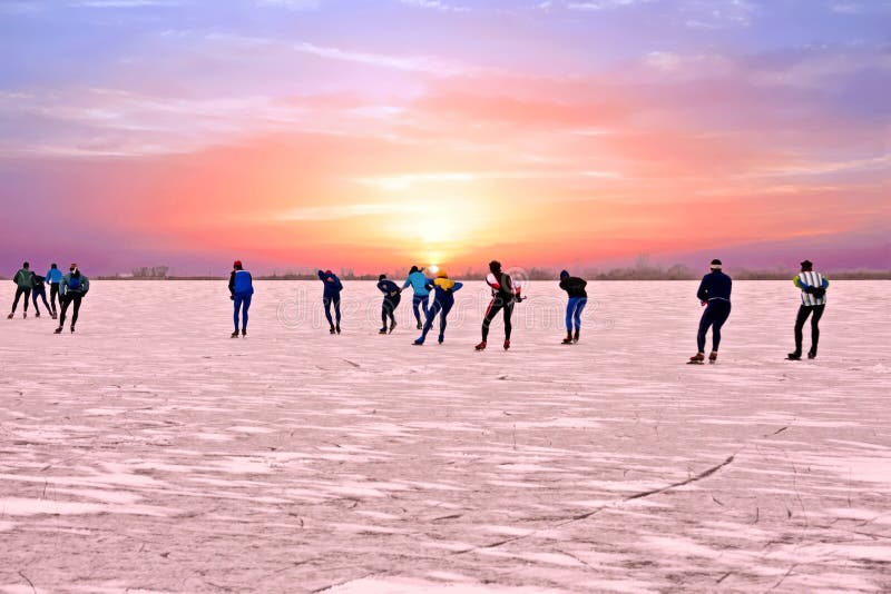 Ice Skating on the Gouwzee at Sunset in the Netherlands Stock Image ...