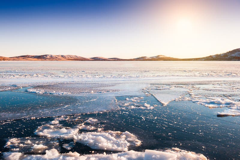 Ice and Snow on the Lake at Sunset Stock Photo - Image of outdoor ...