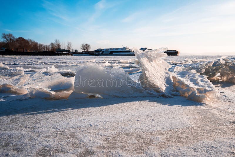 Ice on the Snowy Surface of an Icy River, Winter Background Stock Image ...