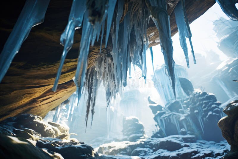 Ice Spears Forming Beneath a Forest Waterfall Overhang Stock Photo ...