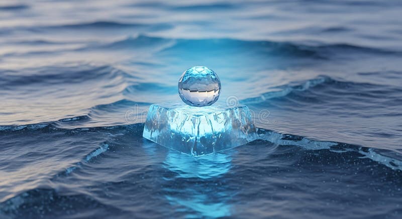 Ice Sphere Balancing on Ice Block Floating in Ocean with Blue Lighting ...
