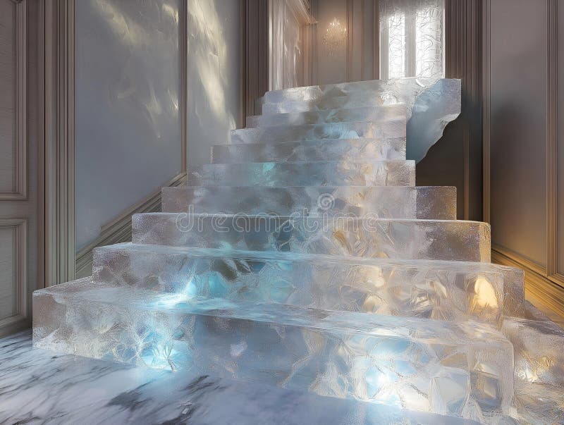 Ice Staircase, Blue Light, Upward Journey, Translucent Surface ...