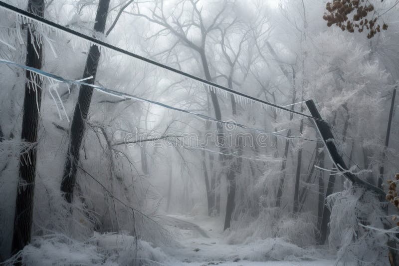 Ice Storm, with Trees and Power Lines Coated in Thick Layer of Ice ...