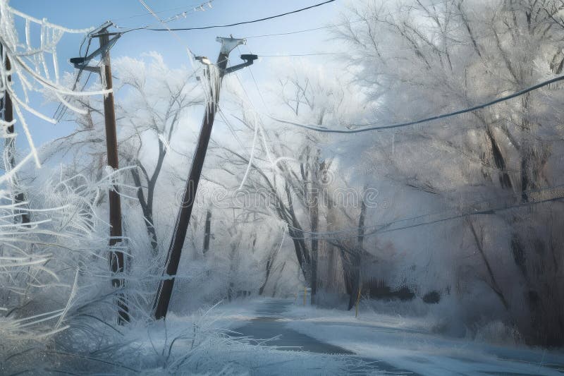 Ice Storm, with Trees and Power Lines Coated in Thick Layer of Ice ...
