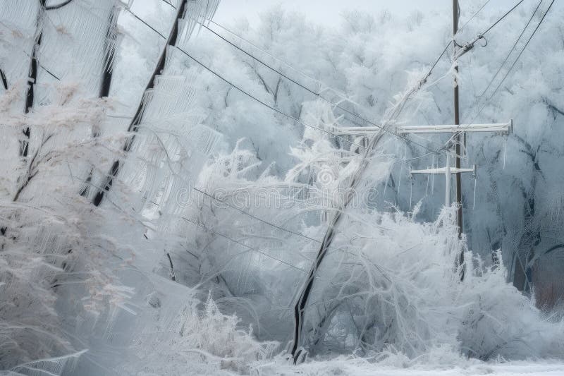 Ice Storm, with Trees and Power Lines Coated in Thick Layer of Ice ...