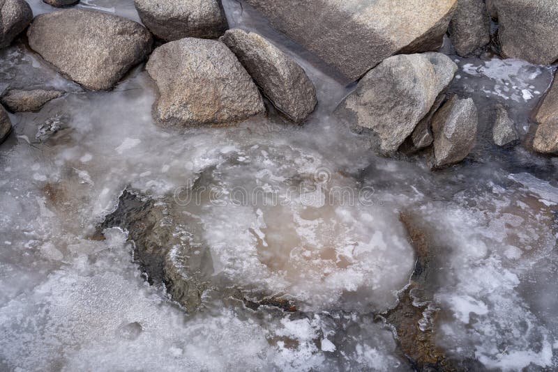 The Ice Stream and the Rock in the Winter Season Stock Image - Image of ...