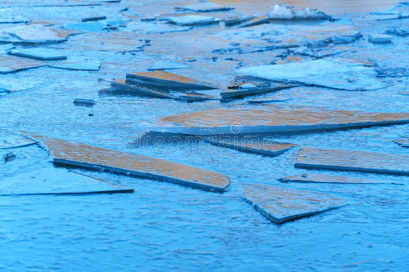Ice Surface Texture on River Reflects Blue Sky, Wild Nature in Forest ...