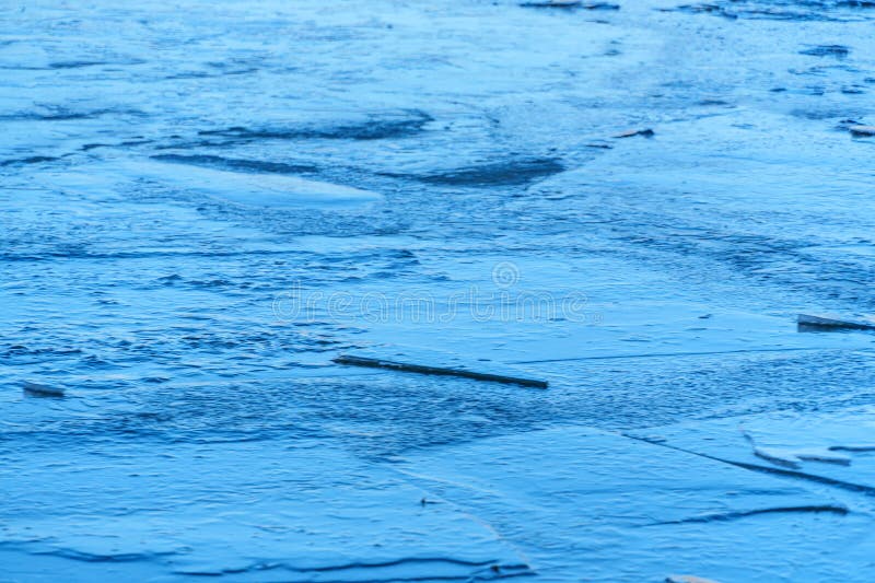 Ice Surface Texture on River Reflects Blue Sky, Wild Nature in Forest ...